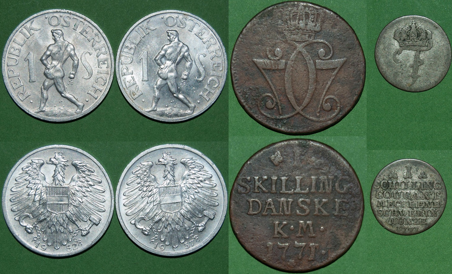 Austria 1952 & 1957 Schillings, Denmark 1771 Skilling, Schwerin 1771 S ...